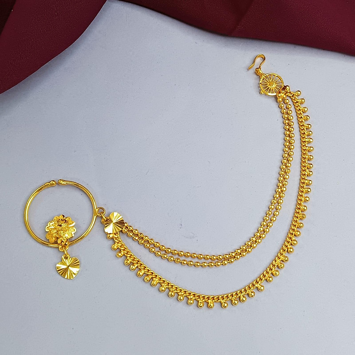 Efulgenz Indian Jewelry Faux Pearl Nose Ring Hoop Pin Stud Fake Septum Ring with Chain Nose to Ear Chain Non Piercing Body Jewelry, Metal, not known