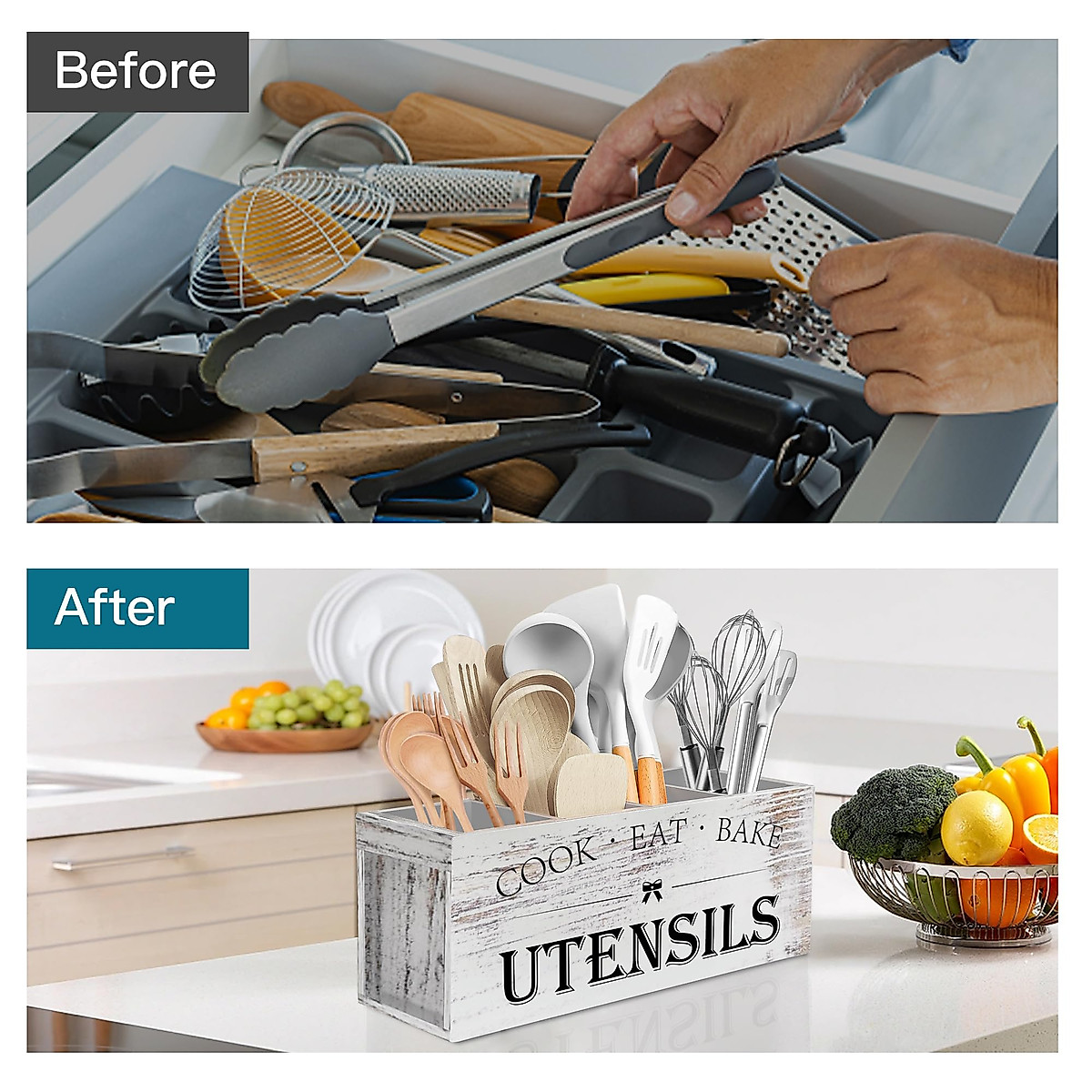 Suli Extra Large Kitchen Utensils Holder with 4 Compartments, Wooden Utensil Organizer for Kitchen Countertop, Farmhouse Kitchen Decor, Rustic Cooking Utensil - White grain