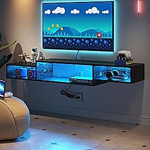 4 EVER WINNER Floating TV Stand Wall Mounted with Power Outlet, 59” Floating TV Shelf Wall Mounted Entertainment Center Modern Media Console with LED Lights, Floating Shelf for Under TV, Black