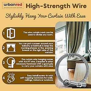 UrbanRed Stainless Steel 16.4 FT (5m) Curtain Wire Rod Set - Curtain Wire Hanging System, Versatile Art Display, Photo Hanging - Wall Mount Clothesline for Windows with Tension Wire Design