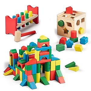 Melissa & Doug Stack, Sort & Pound Wooden Toy Collection (Building Blocks, Shape Sorter, Pounding Bench)