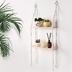 SNUGBLAKI Hanging Shelves for Wall Floating Shelves,Boho Macrame Hanging Shelves with Swing Rope,Farmhouse Rustic Wood Hanging Shelves,Rope Wall Display Shelves for Bedroom,Living Room, Bathroom