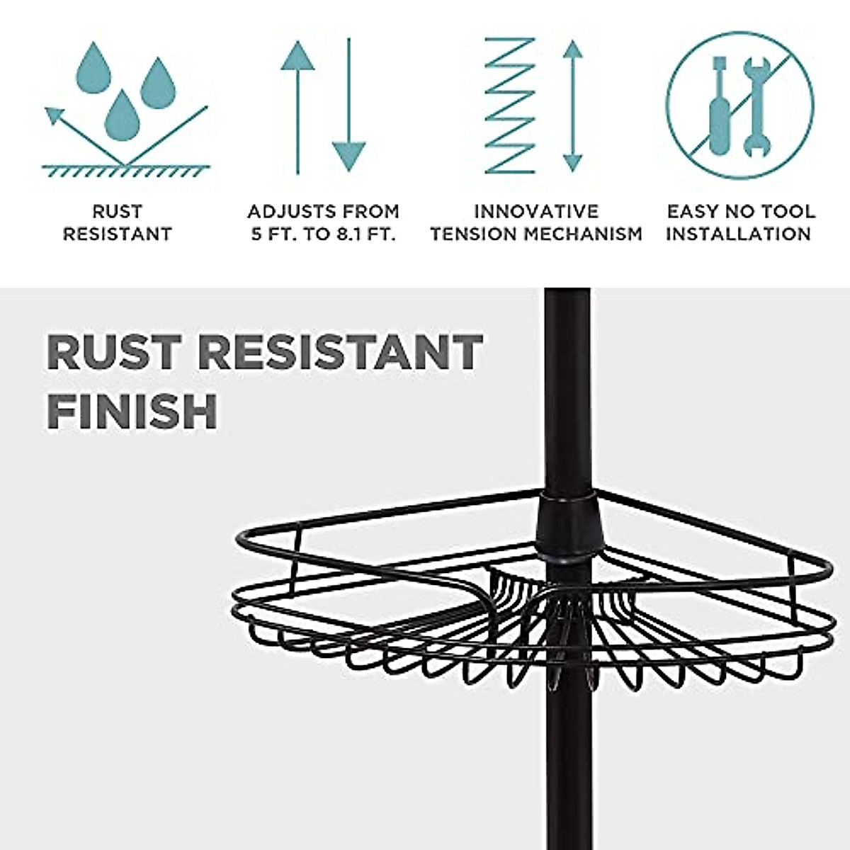 Zenna Home Rust-Resistant Corner Shower Caddy for Bathroom, 4 Adjustable Shelves with Towel Bar and Hooks, with Tension Pole, for Bath and Shower Storage, 60-97 Inch, Bronze