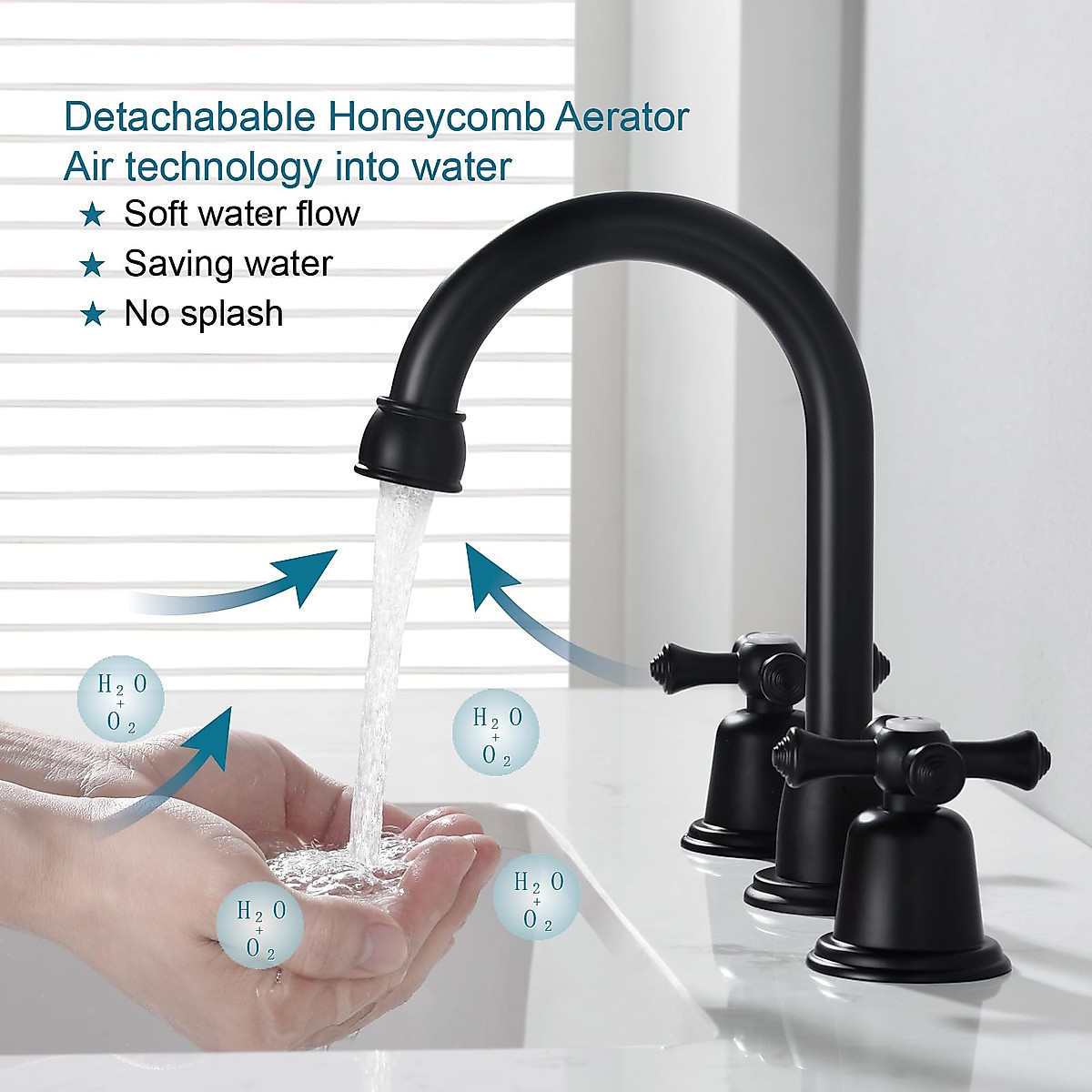 RKF Bathroom Faucets for Sink 3 Hole Matt Black 8 inch Widespread Bathroom Sink Faucet with Drain 2 Handles Cross Knobs Faucet Bathroom Vanity Faucet Basin Mixer Tap Faucet with Hose & Deck CWF039-MB