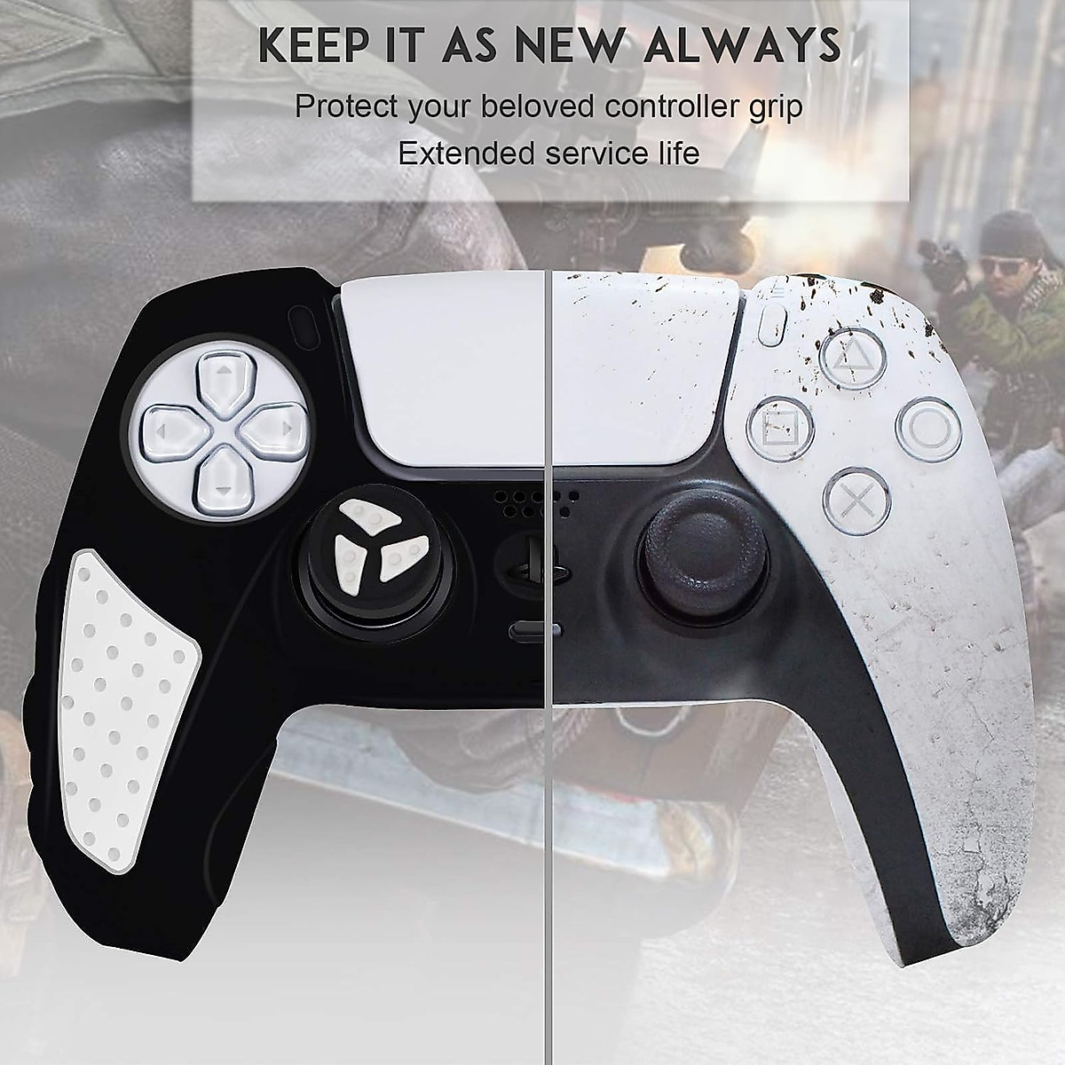 SIKEMAY PS5 Controller Skin, Anti-Slip Thicken Silicone Protective Cover Case Perfectly Compatible with Playstation 5 Controller Grip with 10 x Thumb Grip Caps (Black-White)