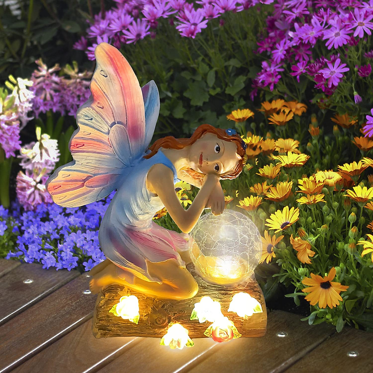 PERFECTOP Solar Angel Garden Statue Outdoor Decor, Resin Fairy Angel Elf Girl Figurine with Solar Lights, Garden Art for Patio Lawn Yard Porch Wedding Home Decoration, Valentine's Day Women Gifts