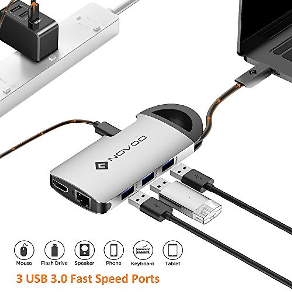 NOVOO USB C Hub 8 in 1 with Hidden Cable Multiport Adapter with 4K HDMI 100W PD Charging Ethernet 3*USB 3.0 SD/TF Card Reader, USB C to HDMI Adapter for Thunderbolt Laptops Phones and Tablets