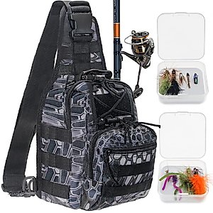DEILAI Fishing Backpack Tackle Bag with Rod Holder Waterproof Gear Sling Backpack Fishing Storage Backpack Shoulder Bag Fishing Gift for Men and Women for Fishing,Hiking,Travel,Hunting,Black