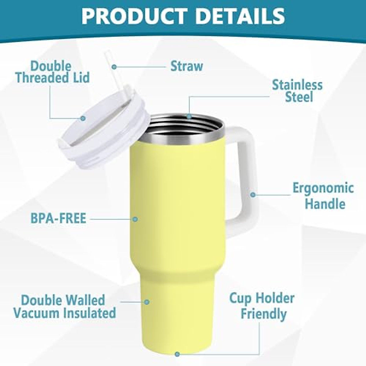 GAIGEO Champagne Yellow Water Bottles Insulated, Stainless Steel Stainless Steel Tumblers, Leak-proof Travel Coffee Mug, Removable Easy to Clean