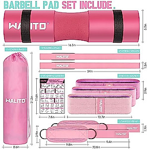 WALITO 10Pcs Barbell Pad Set for Hip Thrust - Squat Pad for Barbell Lunges, Bench Press, with 2 Gym Ankle Straps, 3 Resistance Bands for Working Out, 2 Lifting Strap, Workout Poster, Carry Bag