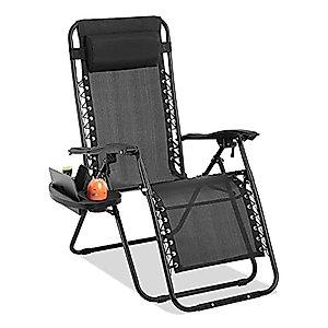 Dkeli Zero Gravity Chair, Adjustable Reclining Patio Chair with Cup Holder & Pillows Folding Lawn Chaise Outdoor Lounge Chair for Pool, Beach, Deck, Yard - Black Zero Gravity Lounge Chair