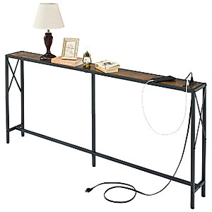 Gewudraw Console Table with 2 AC Oulets & 2 USB Ports, 68.5" Narrow Sofa Table, Entryway Table, Industrial Sofa Table for Hallway, Living Room, Bedroom, Long Console Table, 6.5 Feet Power Cord