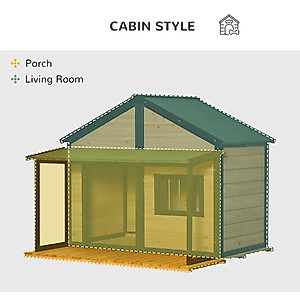 PawHut Outdoor Dog House Cabin Style, Wooden Raised Pet Kennel with Asphalt Roof, Front Door, Side Window, Porch for Medium/Large Dogs, Loading 53 lbs, Yellow