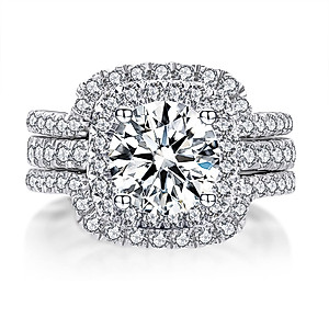 Ahloe Jewelry CEJUG 2Ct Bridal Ring Sets for Women Engagement Rings Wedding Bands 14k White Gold Halo Round Cz Three-in-one Size 8