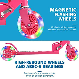 Scooter for Kids with LED Light Up Wheels, Adjustable Height Kick Scooters for Boys and Girls Ages 3-12, Rear Fender Break, Folding Kids Scooter, 110lb Weight Capacity