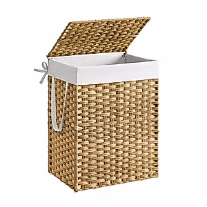 SONGMICS Laundry Hamper with Lid, 23.8 Gallon (90 L) Synthetic Rattan Clothes Laundry Basket with Lid and Handles, Foldable, Removable Liner, Goose Yellow ULCB51NL