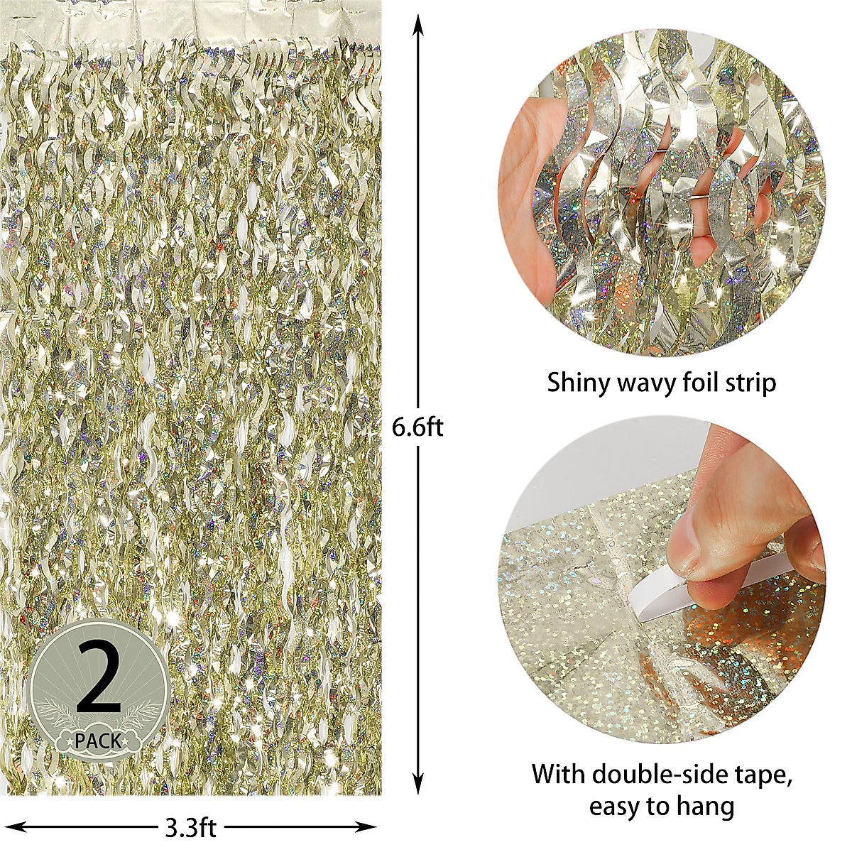 Shiny Champagne Gold Wave Tinsel Foil Fringe Curtains 3.3x6.6ft Metallic Streamer Backdrop Wall Curtains for Party Decorations Birthday Wedding Graduation 2 Packs