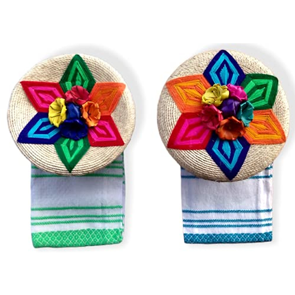 Jacq and Jürgen Tortillero Sombrero and Pancake Handwoven Basket and Handloomed Tortilla Cloth 2 Pack Warmer Keeper Bundle 100 percent Palm Mexican Art - Multicolor (Multicolor3), Medium and Large.