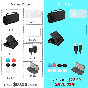 Switch Accessories Kit 17 in 1 for Nintendo Switch Lite, with Switch Carrying Case, Cover Case, Screen Protector Glass, Gaming Card Case, Joy-Con Thumb Grip Caps, Charger Cable, Adjustable Stand