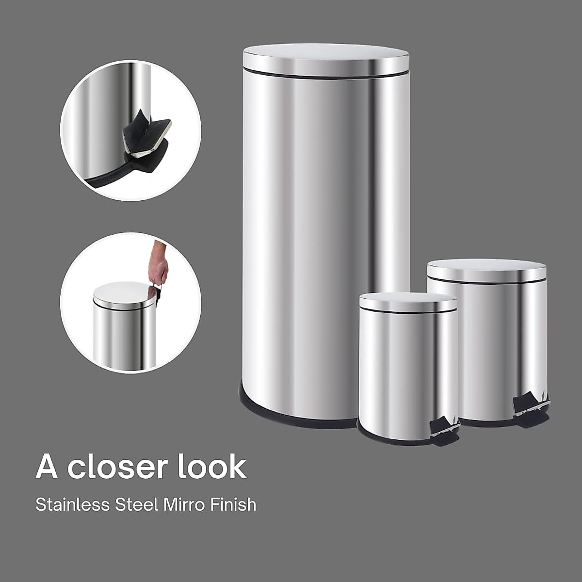 Westerly 3 Pcs Premium Stainless Steel Trash Bin Set - 30L, 5L, 3L