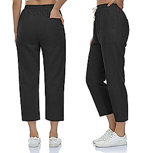 sherelie Linen Pants for Women, Drawstring 4 Pockets High Waisted Lounge Casual Pull-On Beach Pants, Black, XL