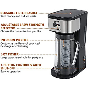 Sunvivi Iced Tea Maker and Iced Coffee Maker, 3-in-1 Coffee and Tea Machine Brewing System with 3 Quart Glass Pitcher, Strength Selector & Infuser Chamber, Perfect For Tea, Coffee, Lattes, Lemonade
