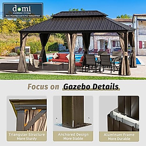 Domi 12x18FT Hardtop Gazebo with Netting & Curtains, Outdoor Aluminum Frame Gazebo with Galvanized Steel Double Roof, Outdoor Permanent Metal Pavilion for Patio Deck Lawn and Garden, Brown