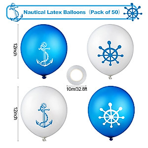 Gejoy 50 Pieces Nautical Print Latex Balloons Set Nautical Party Decorations Nautical Balloons and Silver Ribbons for Navigation Themed Birthday Baby Shower Nautical Party Favor Supplies