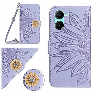 ONV Wallet Case for Oppo Realme C33-1.5M Strap Glitter Shinny Sunflower Flip Leather Case Card Slot Shockproof Kickstand Magnetic Cover for Oppo Realme C33 [HT] -Purple-T