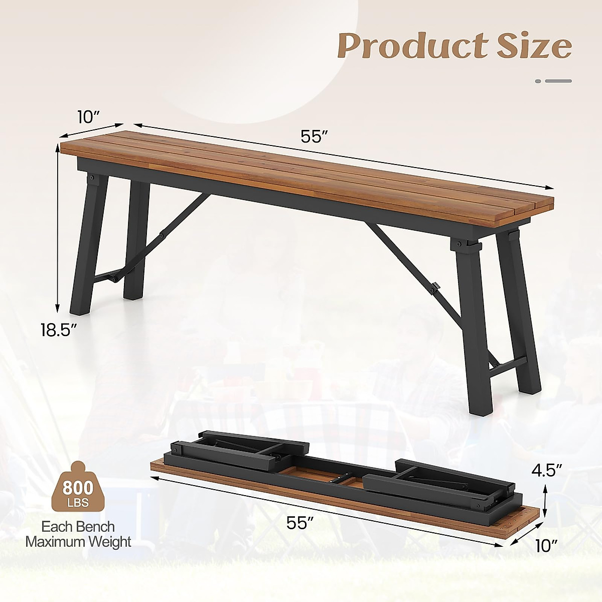 Tangkula Outdoor Folding Bench Set of 2, 55 Inches Long 2-3 Person Acacia Wood Backless Patio Dining Bench, No Assembly Weatherproof Camping Bench for Porch, Yard, Poolside, Balcony (Natural)