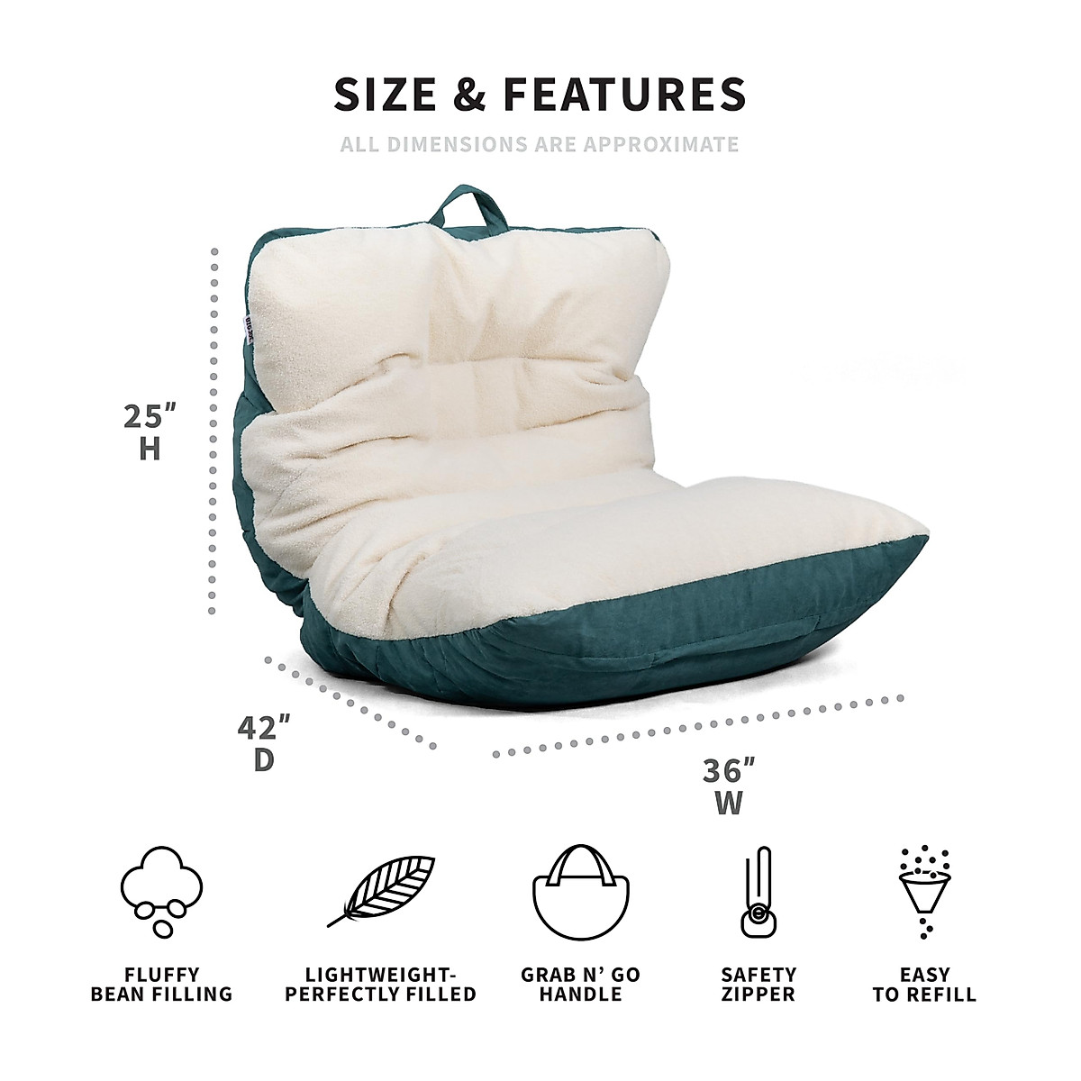 Big Joe Roma Bean Bag Chair, Oat Sherpa and Sage, Vegan Suede, 3 feet