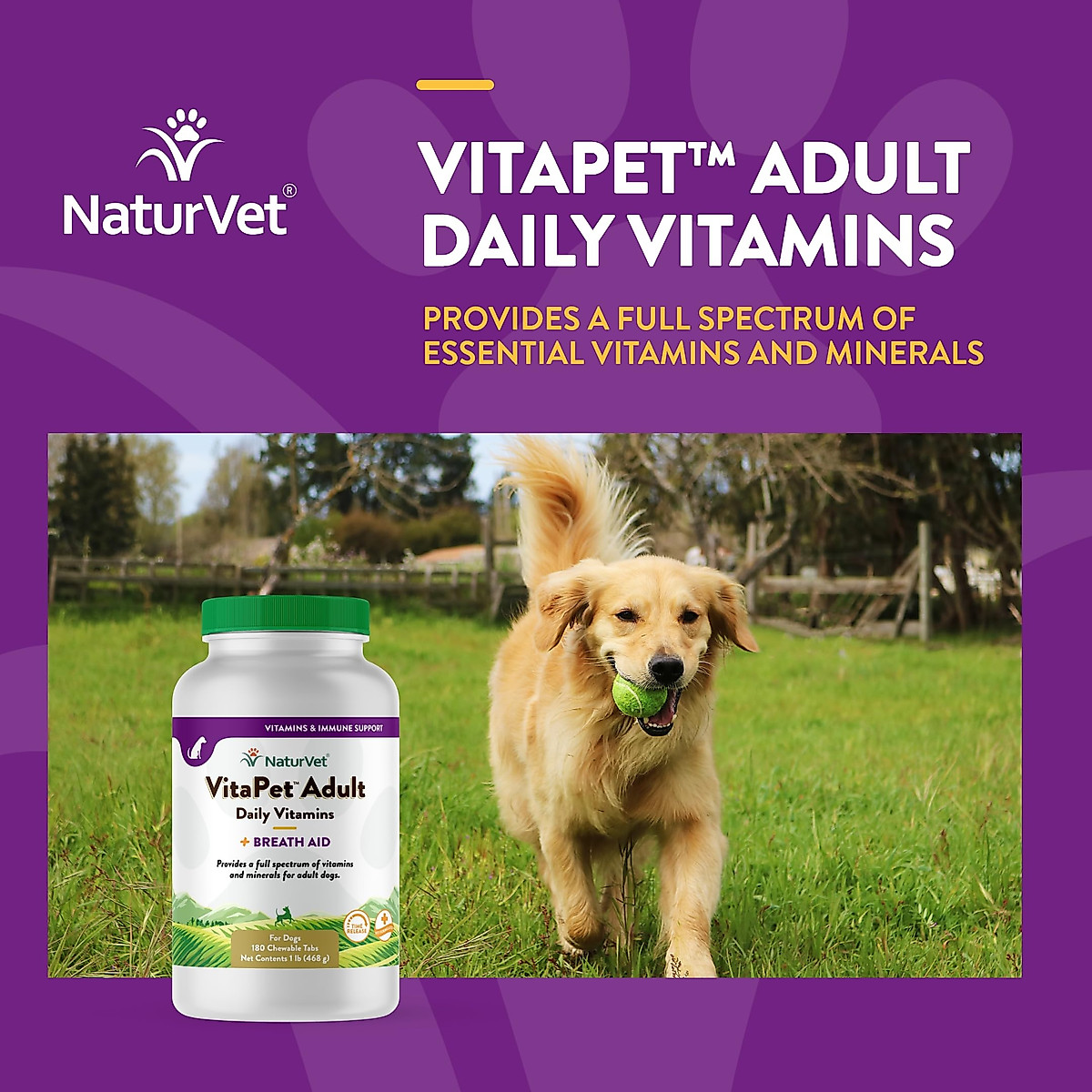 NaturVet - VitaPet Adult Daily Vitamins for Dogs - Plus Breath Aid - Provides a Full Spectrum of Vitamins & Minerals - Enhanced with Omega-6 Fatty Acids (180 Time Release Chewable Tablet