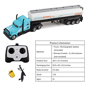 Vokodo RC Semi Truck and Trailer 18 Inch 2.4Ghz Fast Speed 1:16 Scale Rechargeable Battery Remote Control Tractor Tanker Hauler Car Big Rig 18 Wheeler Toy for 3 4 5 6 7 8 Year Boys Kids (Aqua Blue)