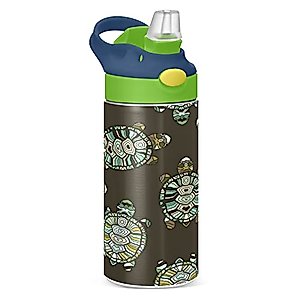 MAOBLYR 12 oz Tortoise Cartoon Black Kids Water Bottle with Straw,BPA Free Spout Cover Leakproof Vacuum Insulated Stainless Steel Bottle for Boys Girls