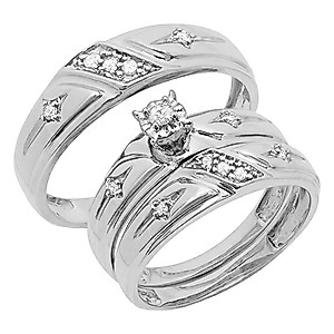 Dazzlingrock Collection 0.20 Carat Round White Diamond Cross Matching Trio Ring Set for Him & Her in 925 Sterling Silver, Women Size 9 and Men Size 10