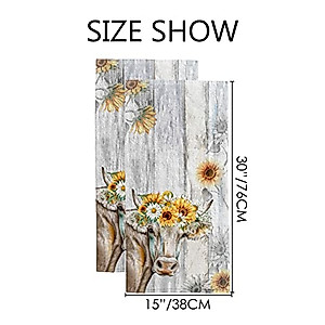 Vantaso Bath Hand Towels Set of 2 Cute Cow Sunflowers Vintage Soft and Absorbent Washcloths Kitchen Hand Towel for Bathroom Hotel Gym Spa