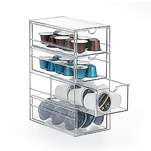 ELLDOO Coffee Pod Holder with 4 Drawers, Acrylic Coffee Pod Organizer for K Cup Espresso, Clear Coffee Capsule Storage Holder Desk Organizer Box for Coffee Bar Office Home Coffee Station Counter