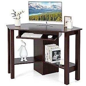 Tangkula Corner Desk with Keyboard Tray, Triangle Corner Computer Desk for Small Space, Bedroom Corner Makeup Vanity Desk with Storage Shelves, Space Saving Corner Writing Desk