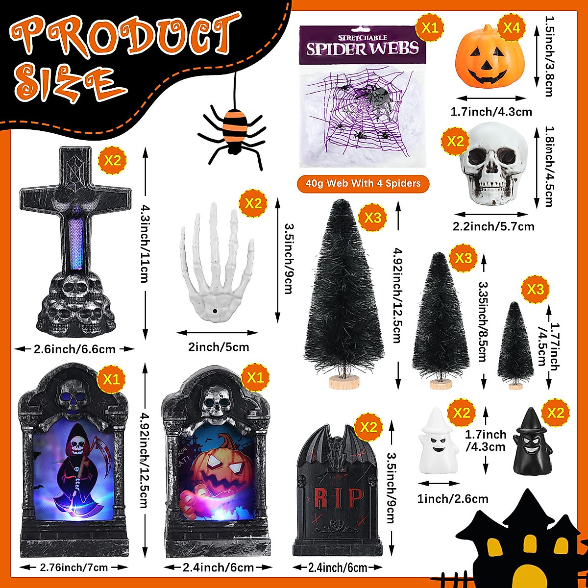 Retisee 28 Pcs Halloween Miniature Micro Landscape Village Accessories Ornaments Set Black Christmas Tree LED Tombstones Skeleton Pumpkin Statues for Halloween Party Set Decor