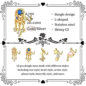 WAINIS 12pcs 20G Dangle Nose Rings Studs for Women Stainless Steel L Shaped Nose Studs Heart Arrow Feather Snowflake Wing CZ Dangling Nose Piercing Jewelry Gold