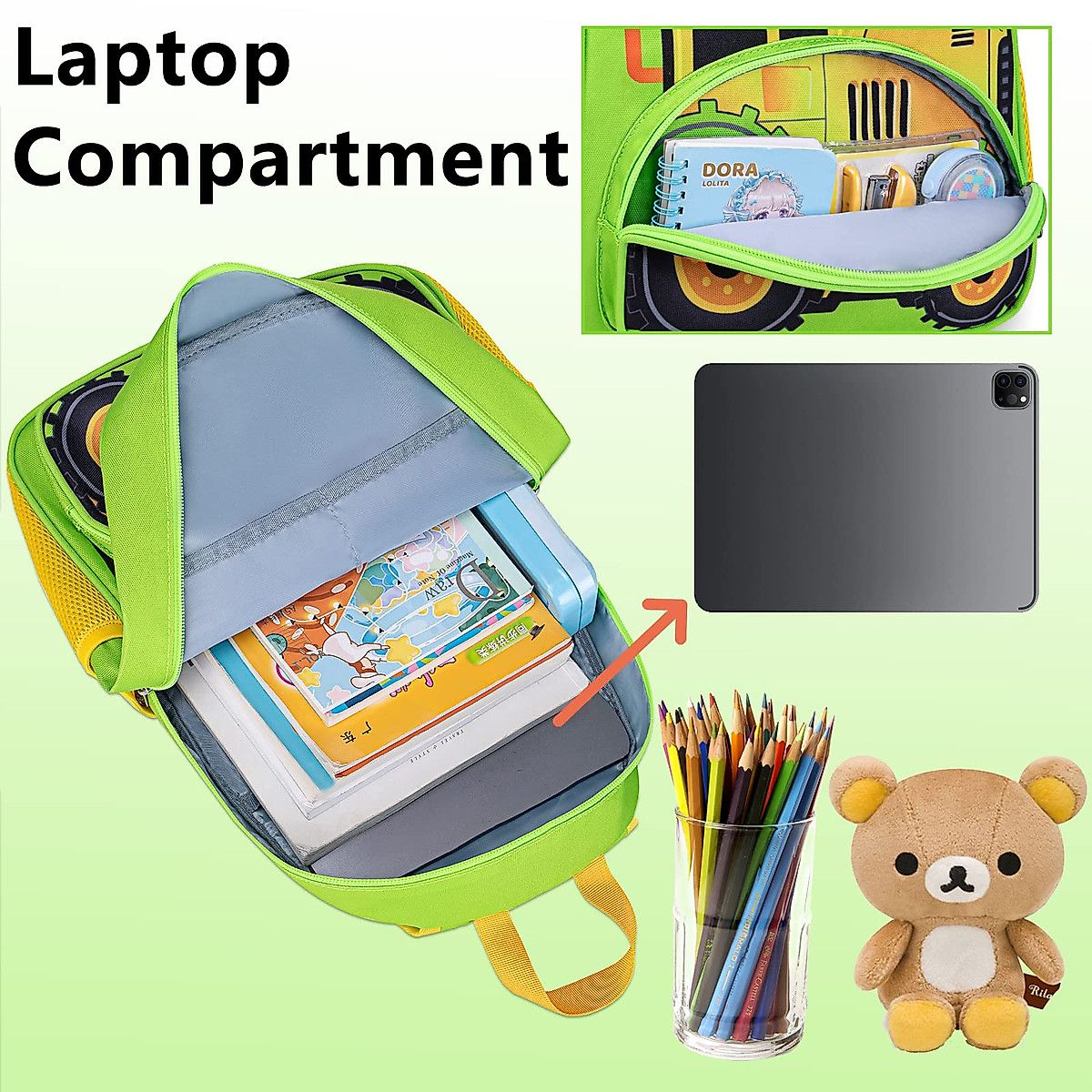 BTOOP Toddler Backpack Boys Cute Kids School Backpack Preschool Kindergarten Bookbags Nursery Daycare Toddler Bags, Tractor-fluorescent Green