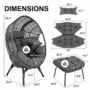 FINCATI Delicated Outdoor Indoor Wicker Egg Chair with Footrest, Oversized 440 lbs Egg Basket Cocoon Chair with Ottoman, PE Rattan Patio Stationary Cushioned Lounge Chair for Balcony Living Room