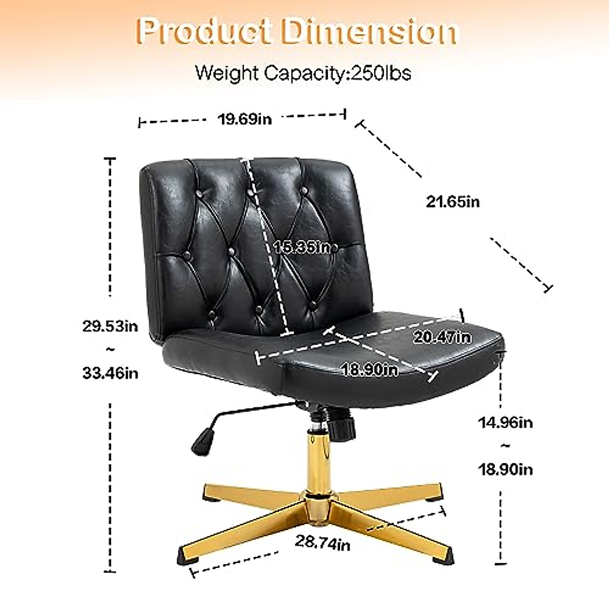 HomVent Armless Office Desk Chair No Wheels, PU Leather Tufted Padded Cute Desk Chair, Modern Ergonomic Computer Desk Chair w/Gold Cross Base,Adjustable Swivel Desk Chair for Makeup Vanity Study Black