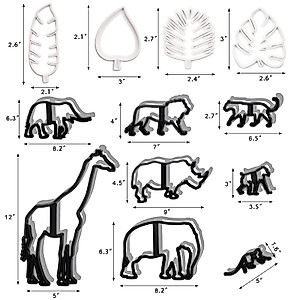 12 Pieces Tropical Leaf Cookie Cutter and Animals Cookie Cutter Hawaiian Palm Leaves Fondant Cutters Set Giraffe Elephant Lion Monkey DIY Craft Mold