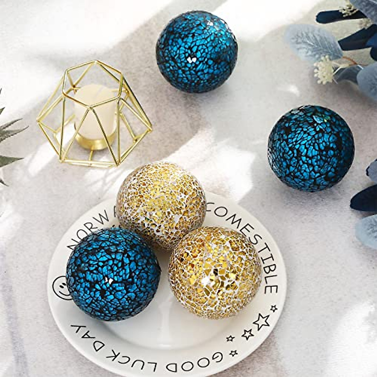 Honeydak 5 Pieces Glass Mosaic Sphere Decorative Balls for Centerpiece Bowls Turquoise Decorative Glass Balls Orbs Decorative Vases Fillers for Home Decoration Dining Table Bowls Tray, Blue,gold