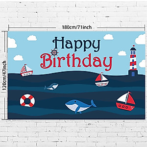 Nautical Happy Birthday Banner Backdrop Whale Sailboat Ocean Sailing Theme Decorations Decor for 1st Birthday Party Baby Shower Retirement Supplies Favors Photo Booth Props Background