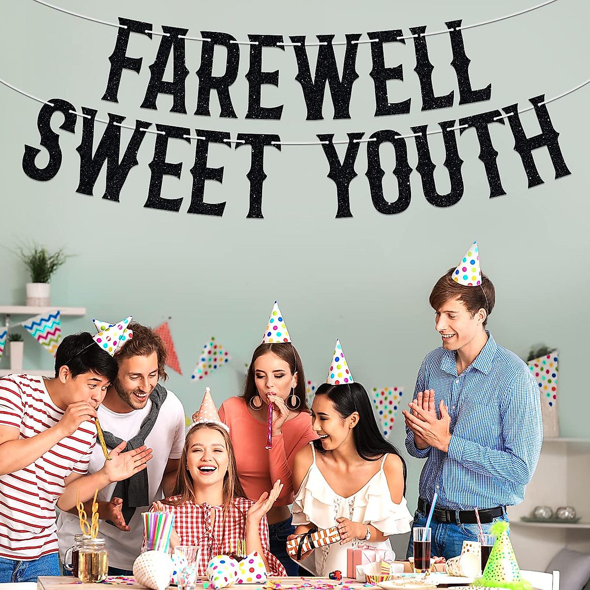 Farewell Sweeet Youth Banner, Funeral Birthday Bunting Sign for 20/30/40/50 Years Old, Death to My Youth Funny Birthday Party Decoration Supplies