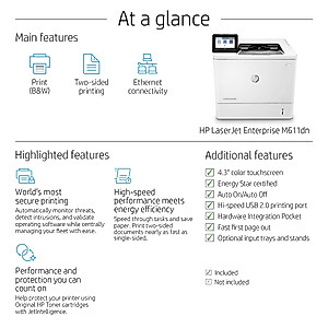 HP Laserjet Enterprise M611dn Monochrome Duplex Printer (7PS84A) (Renewed)