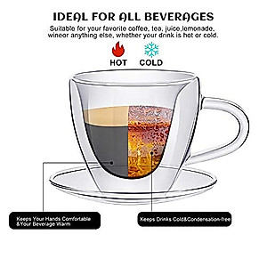 Heart Shaped Double Walled Glass Insulated Coffee Mug Clear Tea Cup 180 ml, 6 Oz Cappuccino Cup with Saucer and Heart Shaped Coffee Spoons for Valentine's Day Anniversary Party Supplies