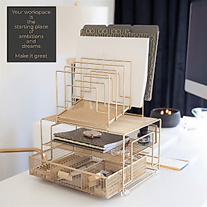 BLU MONACO Workspace Gold Desk Organizer and Accessories Desktop Rack with File sorters and Drawer for Office Supplies, Paper, Device and Folder